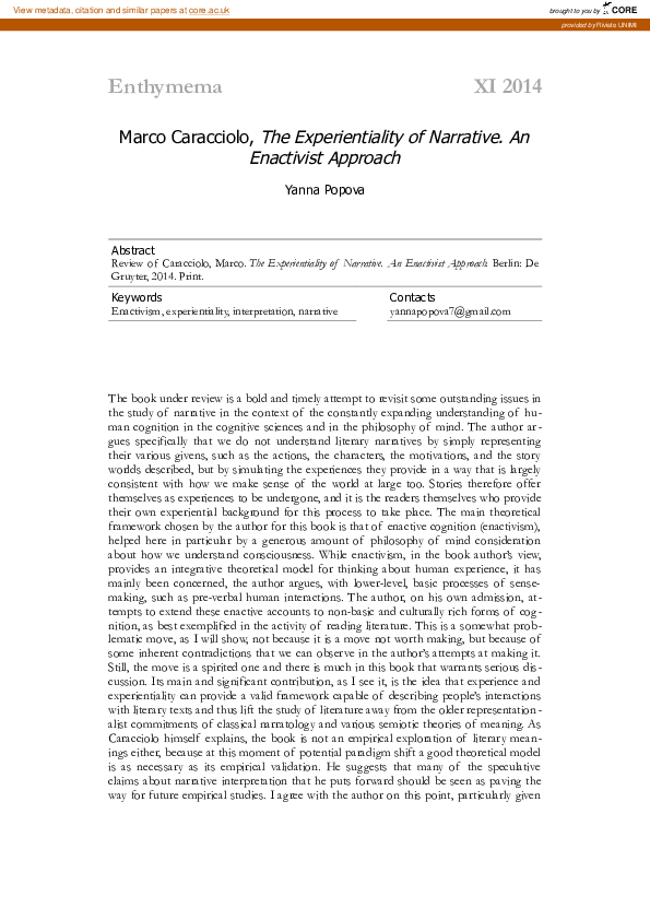 (PDF) Marco Caracciolo, The Experientiality of Narrative. An Enactivist ...