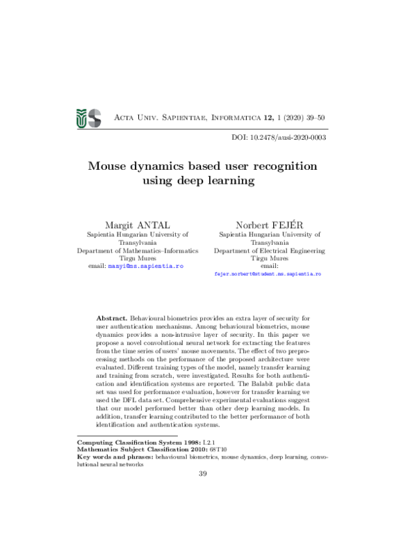 (PDF) Mouse dynamics based user recognition using deep learning