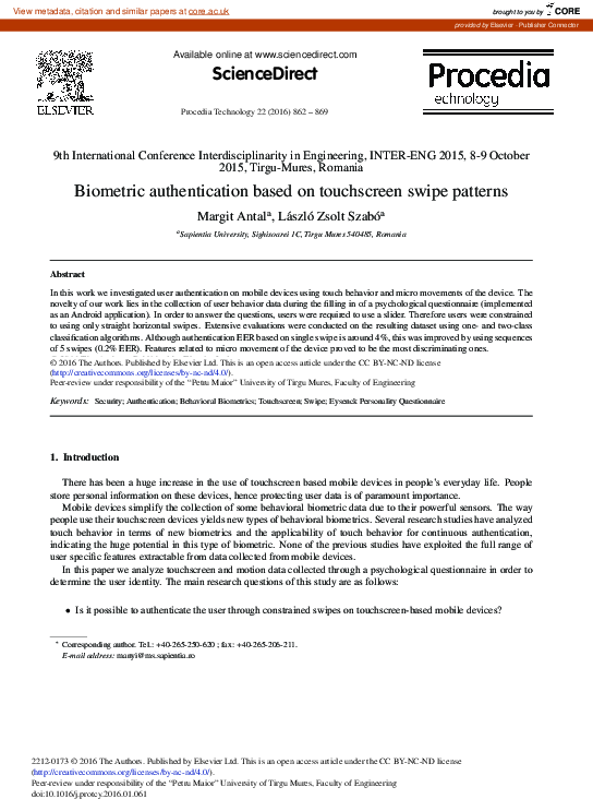 (PDF) Biometric Authentication Based on Touchscreen Swipe Patterns | Margit Antal - Academia.edu