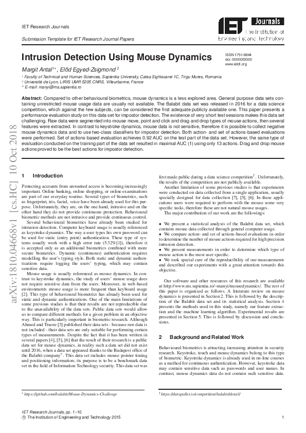 (PDF) Intrusion detection using mouse dynamics