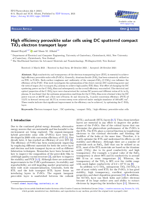 (PDF) High efficiency perovskite solar cells using DC sputtered compact TiO 2 electron transport ...