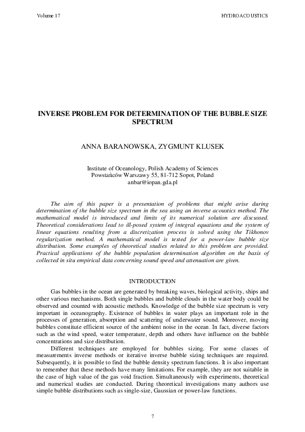 (PDF) Inverse problem for determination of the bubble size spectrum