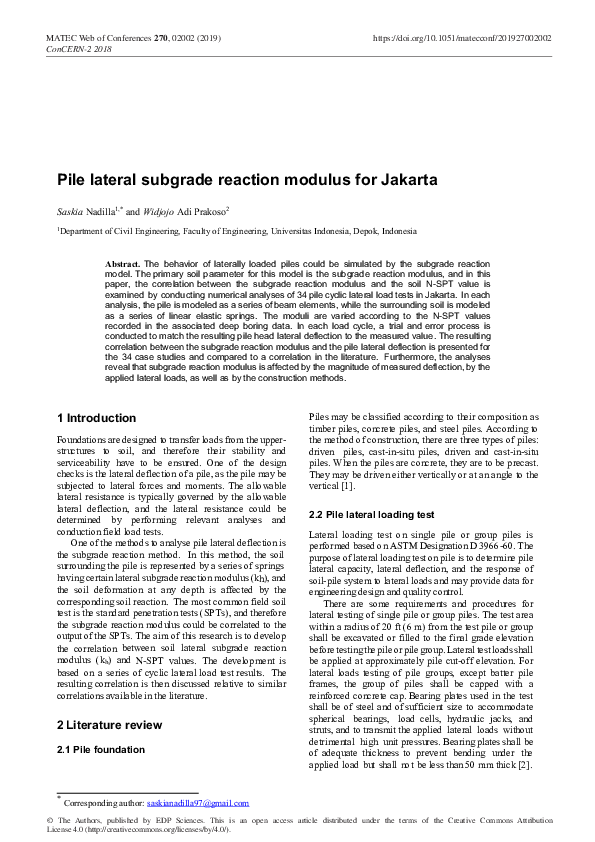 Pdf Pile Lateral Subgrade Reaction Modulus For Jakarta