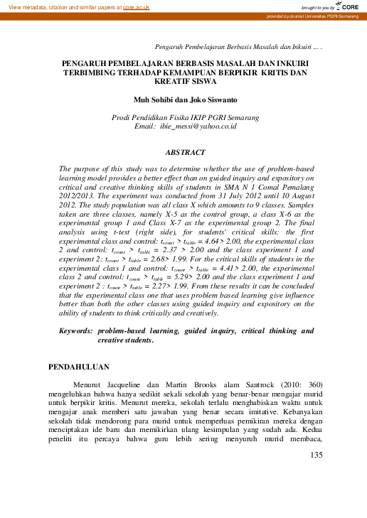 (PDF) Pengaruh Pembelajaran Berbasis Masalah Dan Inkuiri Terbimbing Terhadap Kemampuan Berpikir ...