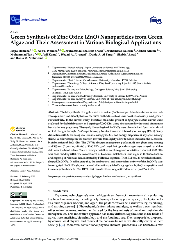 (PDF) Green Synthesis of Zinc Oxide (ZnO) Nanoparticles from Green Algae and Their Assessment in ...