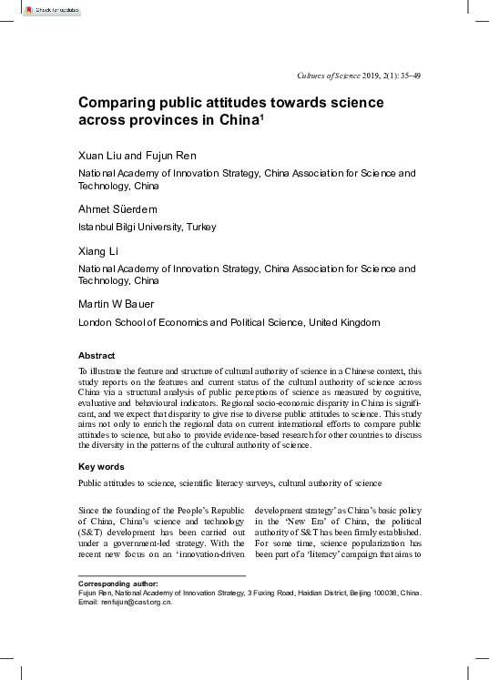 (PDF) Comparing Public Attitudes towards Science across Provinces in China