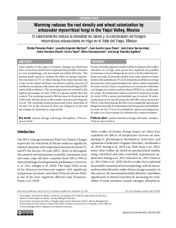 (PDF) Warming reduces the root density and wheat colonization by arbuscular mycorrhizal fungi in ...