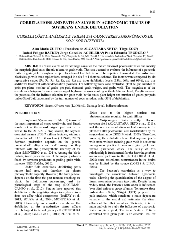 Pdf Correlations And Path Analysis In Agronomic Traits Of Soybeans Under Defoliation Jorge