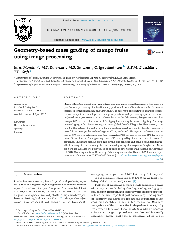 (PDF) Geometry-based mass grading of mango fruits using image processing