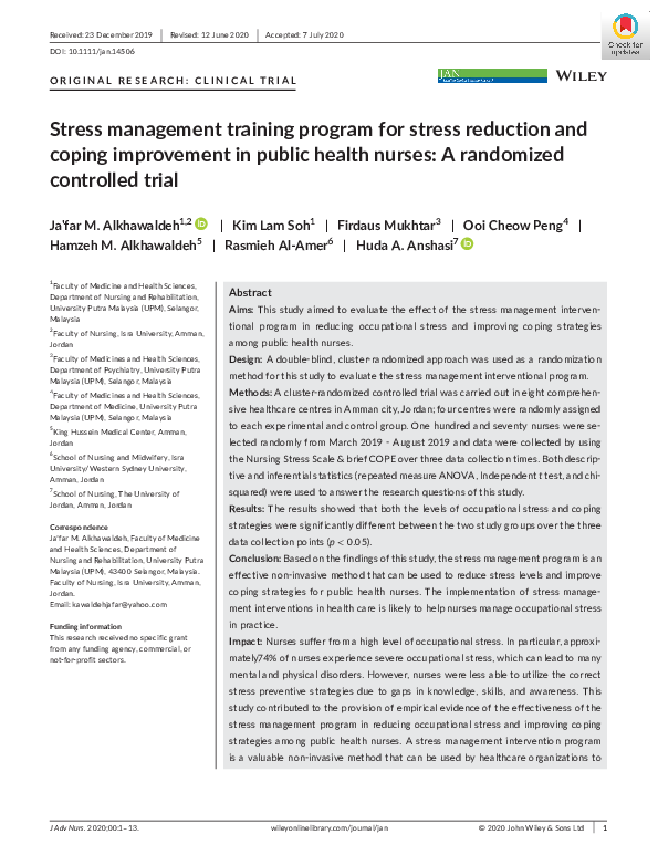 (PDF) Stress management training program for stress reduction and ...