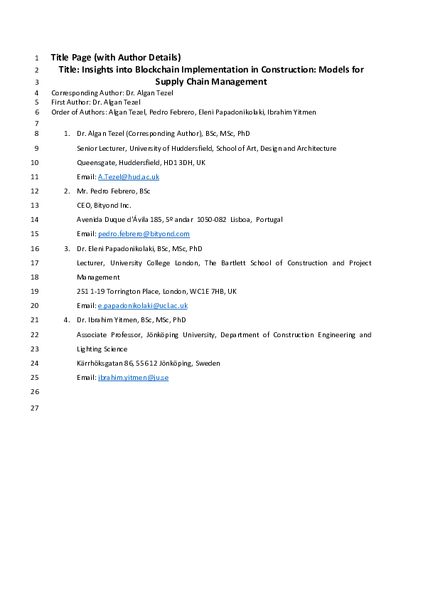 Pdf Insights Into Blockchain Implementation In Construction Models