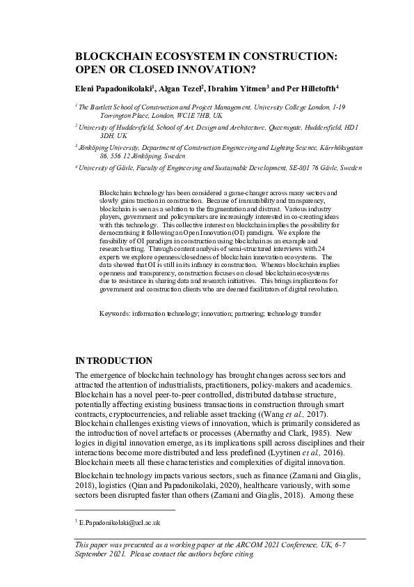 (PDF) Blockchain Ecosystem in Construction:Open or Closed Innovation?
