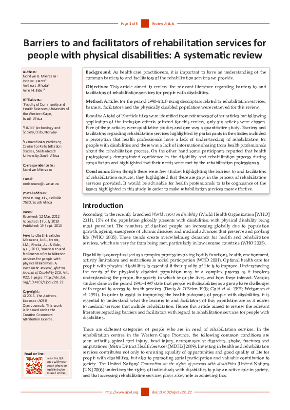 (PDF) Barriers to and facilitators of rehabilitation services for people with physical ...