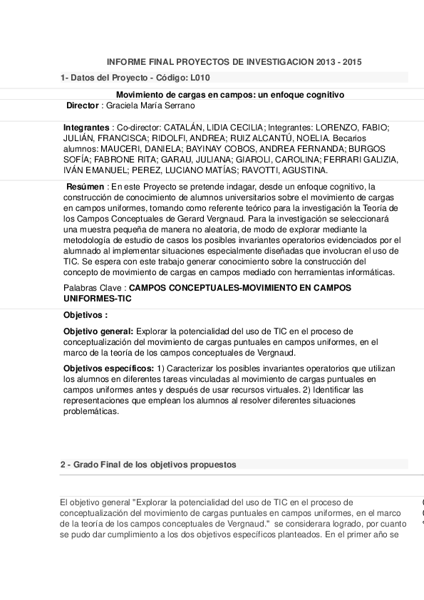 (PDF) INFORME FINAL PROYECTOS DE INVESTIGACION 2013-2015 1-Datos del Proyecto-Código: L010