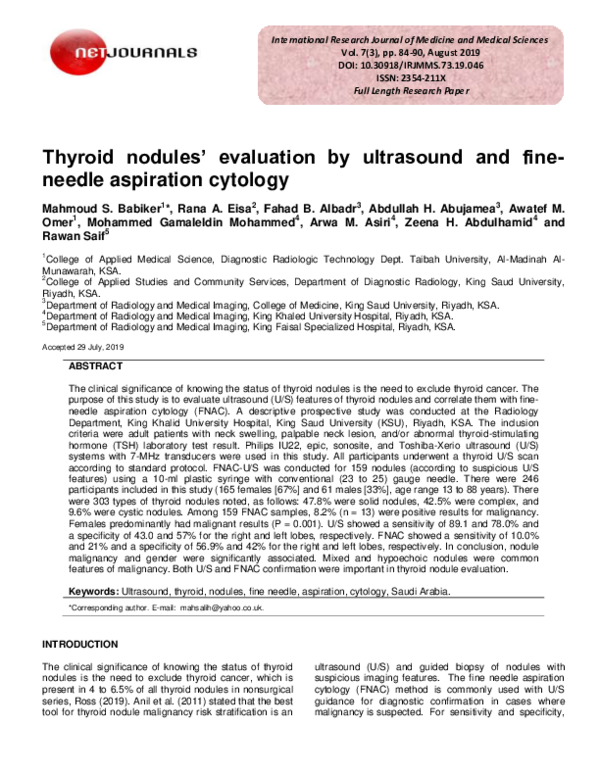 (PDF) Thyroid nodules’ evaluation by ultrasound and fine-needle aspiration cytology | Dr. Rana ...