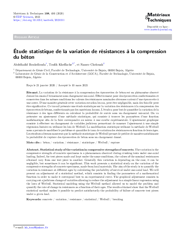 (PDF) Étude Statistique De La Variation De Résistances À La Compression ...