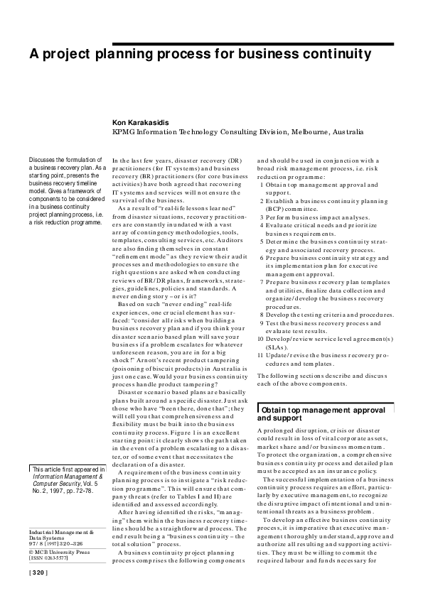 (PDF) A project planning process for business continuity