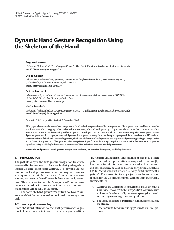 (PDF) Dynamic Hand Gesture Recognition Using the Skeleton of the Hand