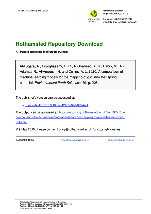 (PDF) A comparison of machine learning models for the mapping of groundwater spring potential