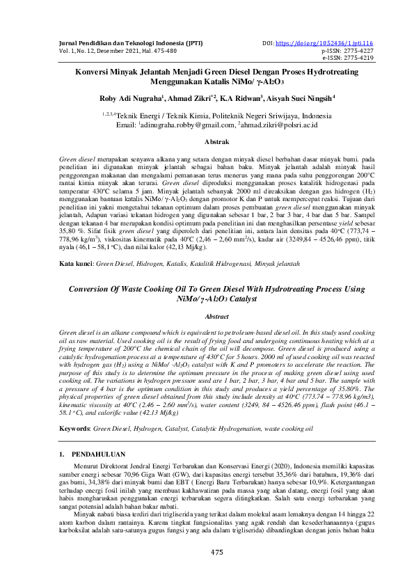 (PDF) KONVERSI MINYAK JELANTAH MENJADI GREEN DIESEL DENGAN PROSES HYDROTREATING MENGGUNAKAN ...