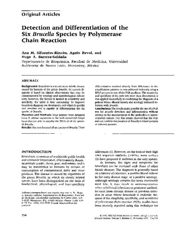 Pdf Detection And Differentiation Of The Six Brucella Species By Polymerase Chain Reaction