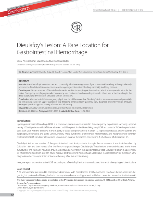 (PDF) Dieulafoy's Lesion: A Rare Location for Gastrointestinal Hemorrhage