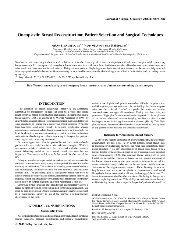 (PDF) Oncoplastic breast reconstruction: Patient selection and surgical techniques