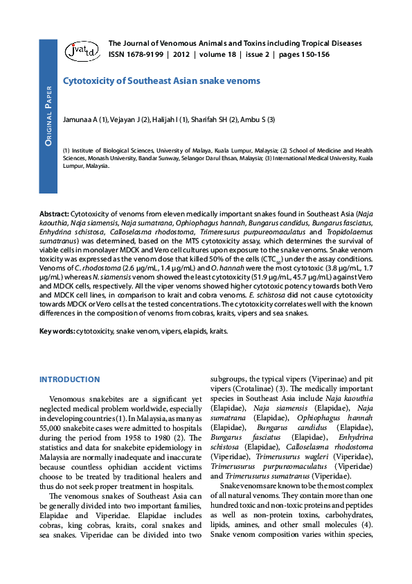 (PDF) Cytotoxicity of Southeast Asian snake venoms