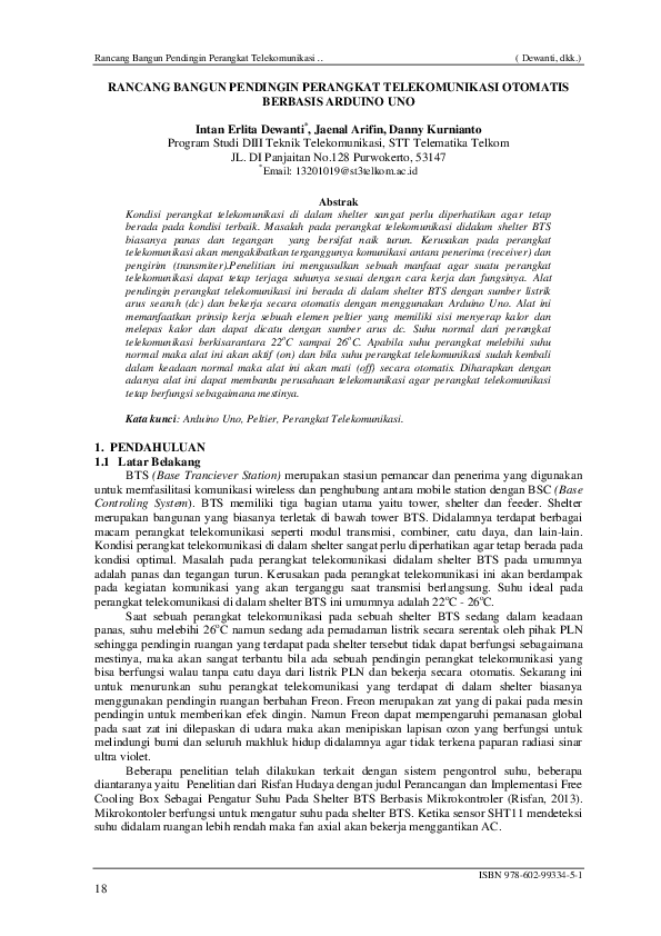 Pdf Rancang Bangun Pendingin Perangkat Telekomunikasi Otomatis Berbasis Arduino Uno Jaenal