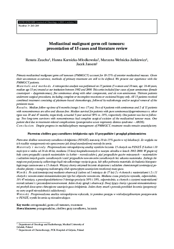 (PDF) Mediastinal malignant germ cell tumours: presentation of 15 cases and literature review