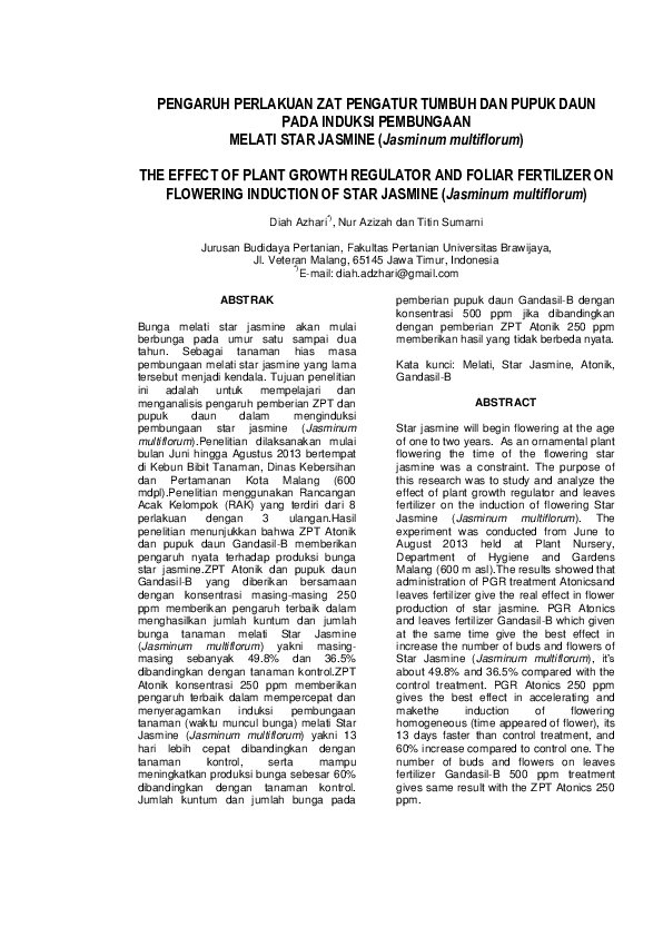 (PDF) PENGARUH PERLAKUAN ZAT PENGATUR TUMBUH DAN PUPUK DAUN PADA INDUKSI PEMBUNGAAN MELATI STAR ...