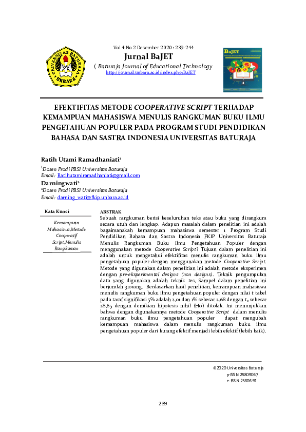(PDF) Efektifitas Metode Cooperative Script Terhadap Kemampuan Mahasiswa Menulis Rangkuman Buku ...