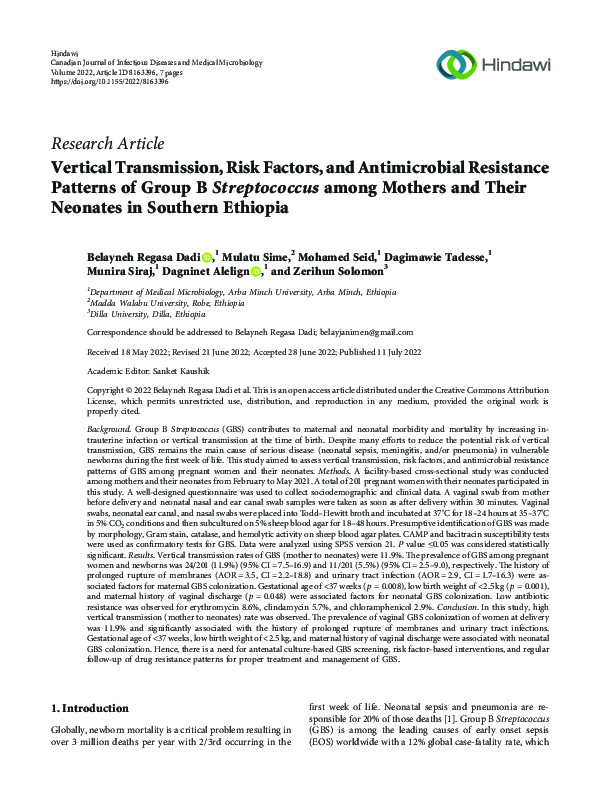 (PDF) Vertical Transmission, Risk Factors, and Antimicrobial Resistance Patterns of Group B ...