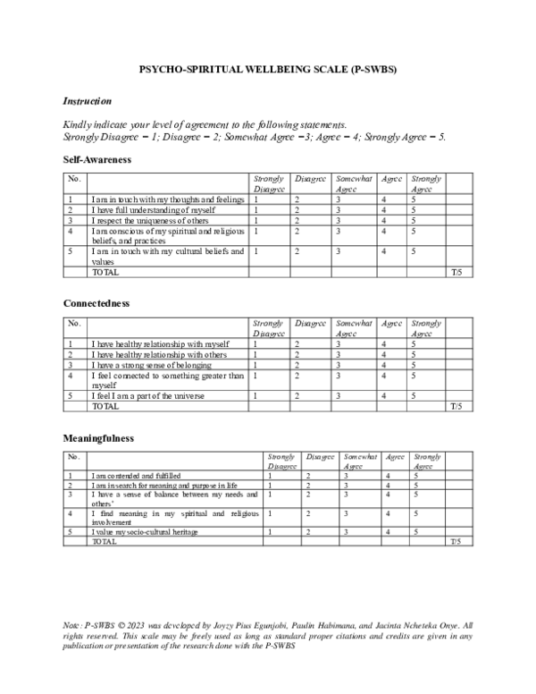 (PDF) PSYCHO SPIRITUAL WELLBEING SCALE (P SWBS)
