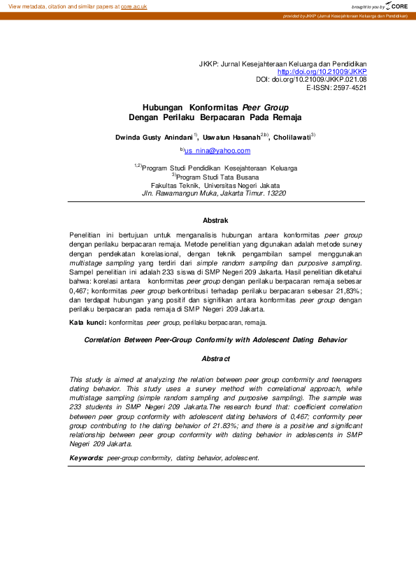 (PDF) Hubungan Konformitas Peer Group Dengan Perilaku Berpacaran Pada Remaja