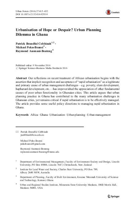 (PDF) Urbanisation of Hope or Despair? Urban Planning Dilemma in Ghana