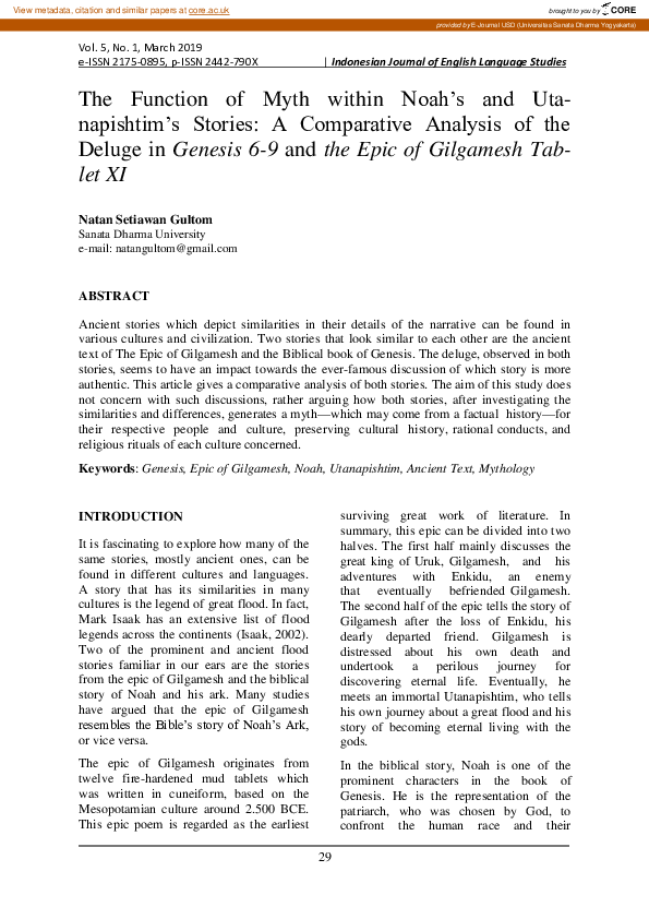 (PDF) The Function of Myth within Noah’s and Uta-napishtim’s Stories: A ...