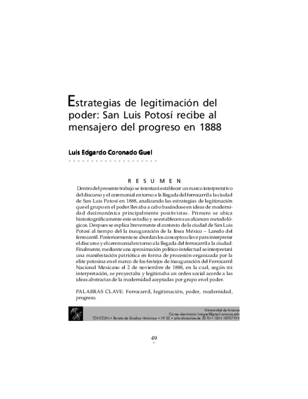 (PDF) Estrategias de legitimación del poder: San Luis Potosí recibe al ...