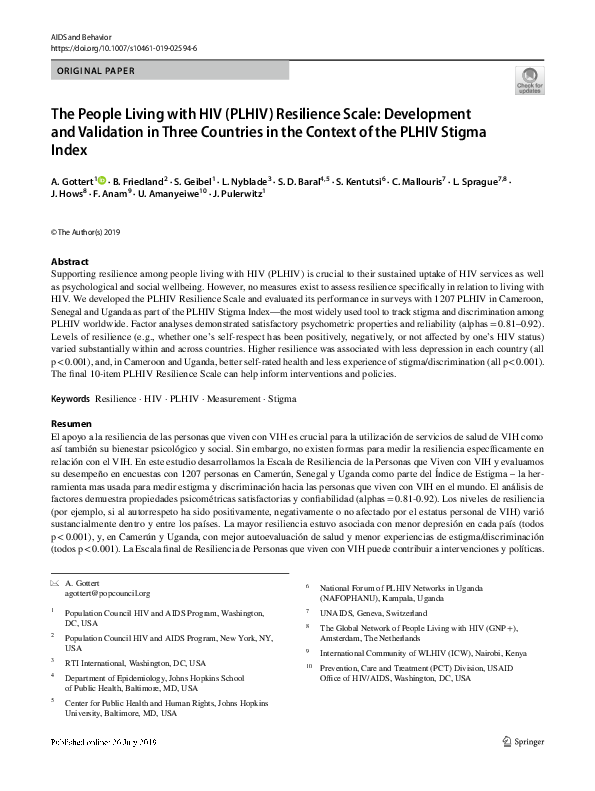 (PDF) The People Living with HIV (PLHIV) Resilience Scale: Development ...