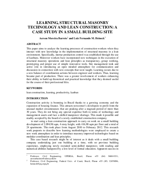 (PDF) Learning, Structural Masonry Technology and Lean Construction a ...