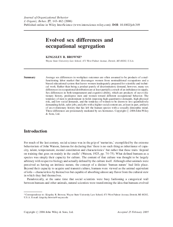 Pdf Evolved Sex Differences And Occupational Segregation 2033