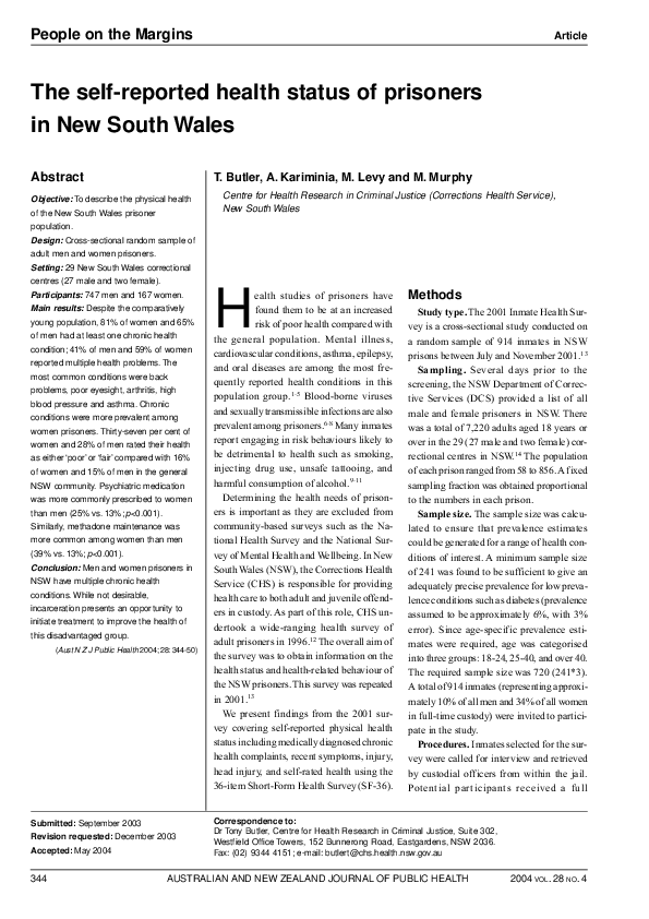 (PDF) The self‐reported health status of prisoners in New South Wales