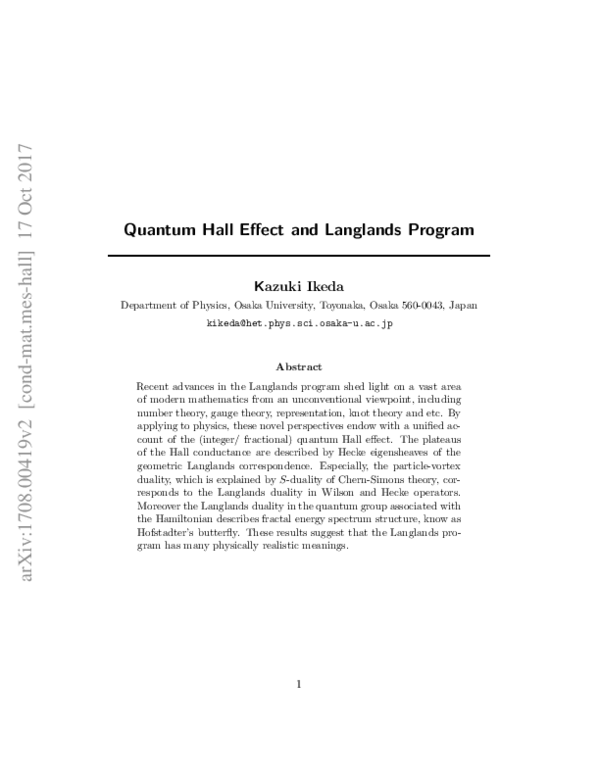 (PDF) Quantum Hall Effect and Langlands Program