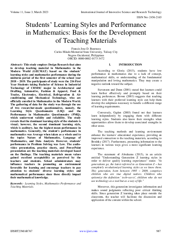 (PDF) Students' Learning Styles and Performance in Mathematics: Basis ...