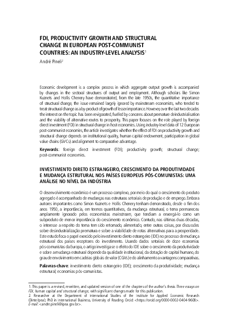 (PDF) FDI, productivity growth and structural change in European post-communist countries : an ...