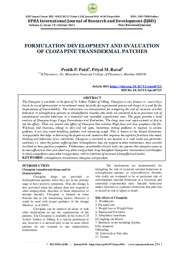 Pdf Formulation Development And Evaluation Of Clozapine Transdermal Patches