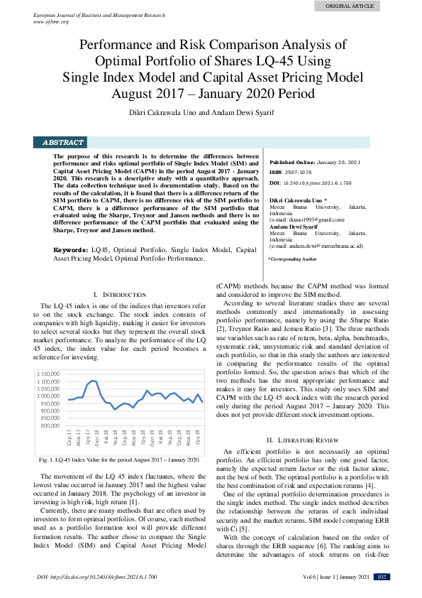 (PDF) Performance and Risk Comparison Analysis of Optimal Portfolio of Shares LQ-45 Using Single ...