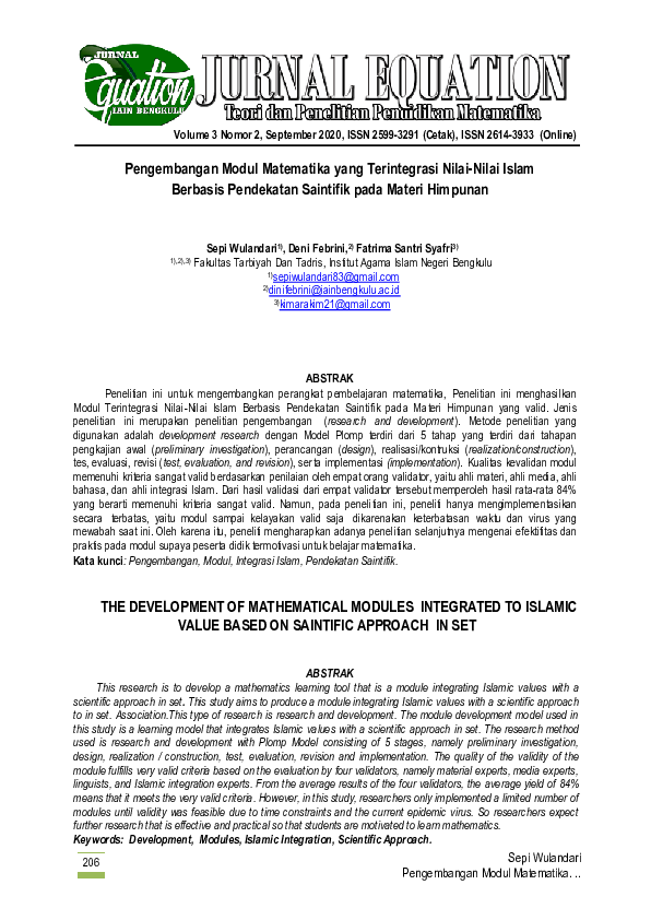 (PDF) Pengembangan Modul Matematika Terintegrasi Nilai-nilai Islam Berbasis Pendekatan Saintifik ...