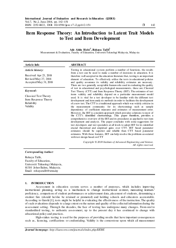 Pdf Item Response Theory An Introduction To Latent Trait Models To Test And Item Development