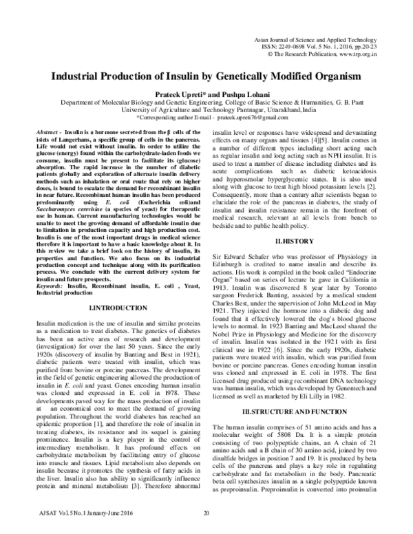 (PDF) Industrial Production of Insulin by Genetically Modified Organism